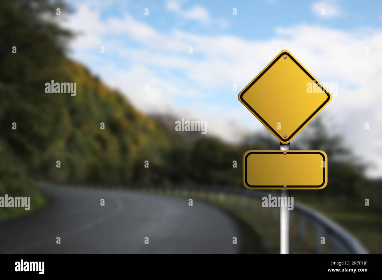Blank yellow road sign on empty asphalt highway, space for text Stock ...