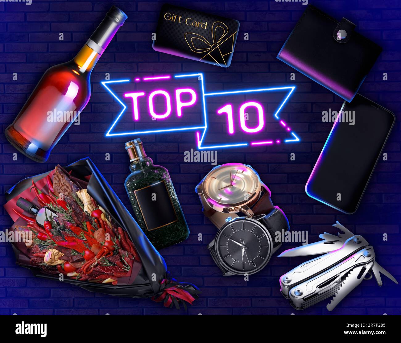 Top ten list of gifts for him on dark blue brick wall background Stock ...