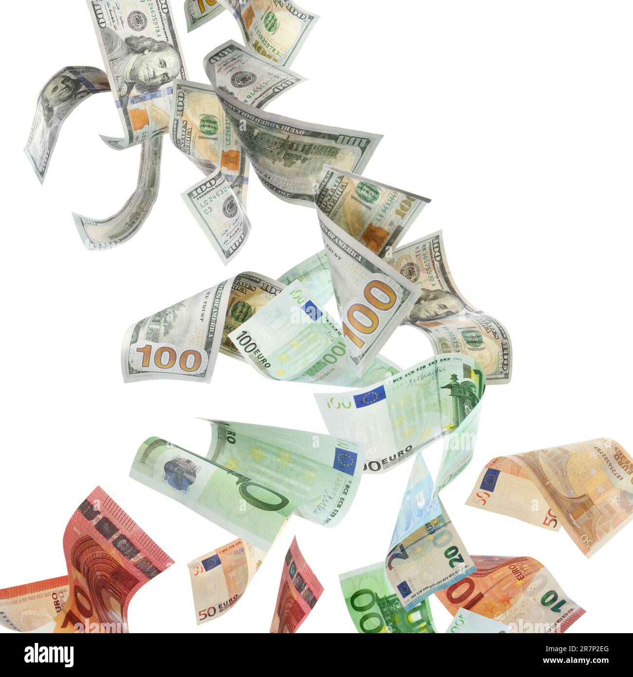 Money exchange. Dollars turning into euro banknotes while falling on ...