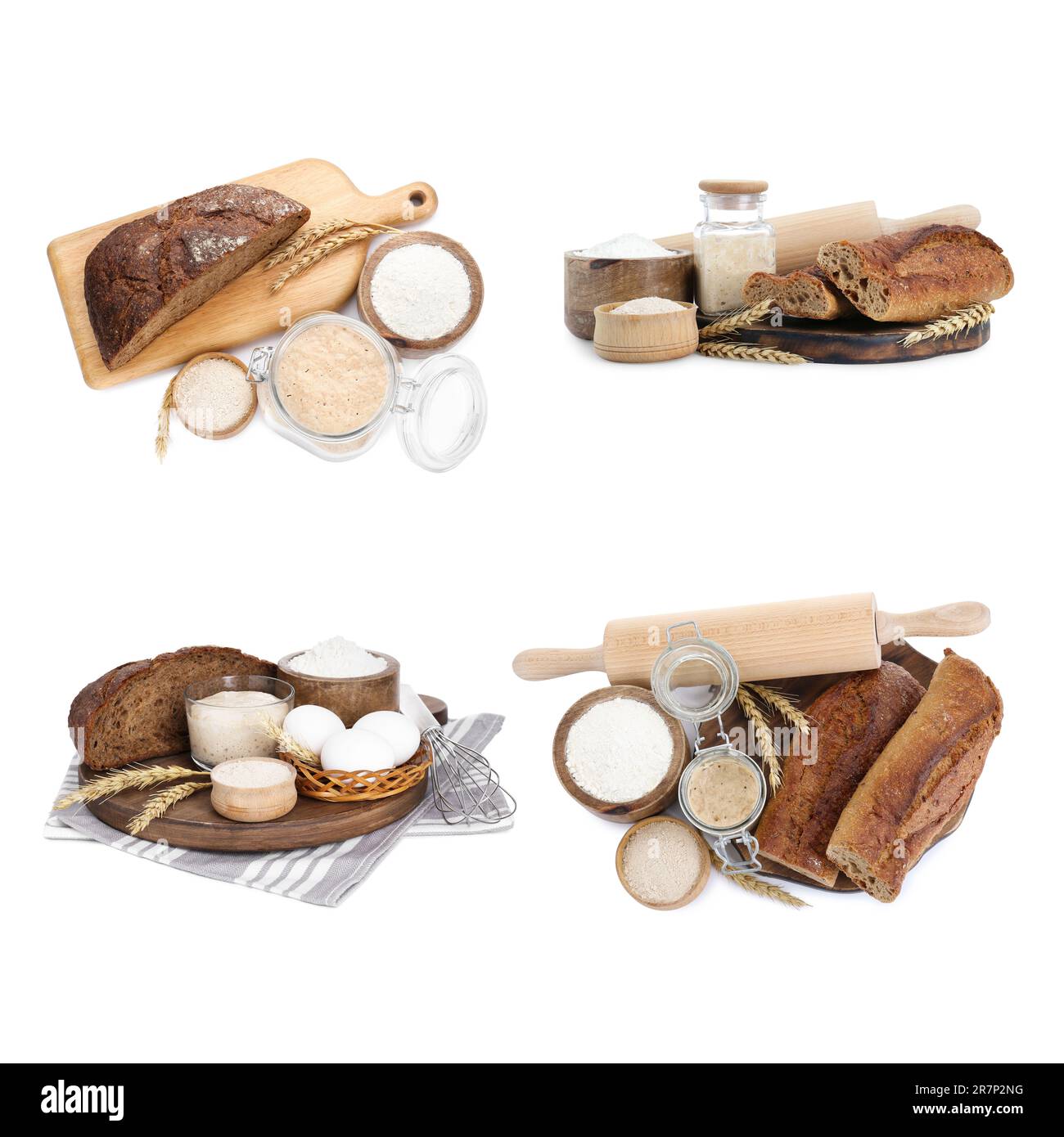 Collage with sourdough starter and different freshly baked bread ...