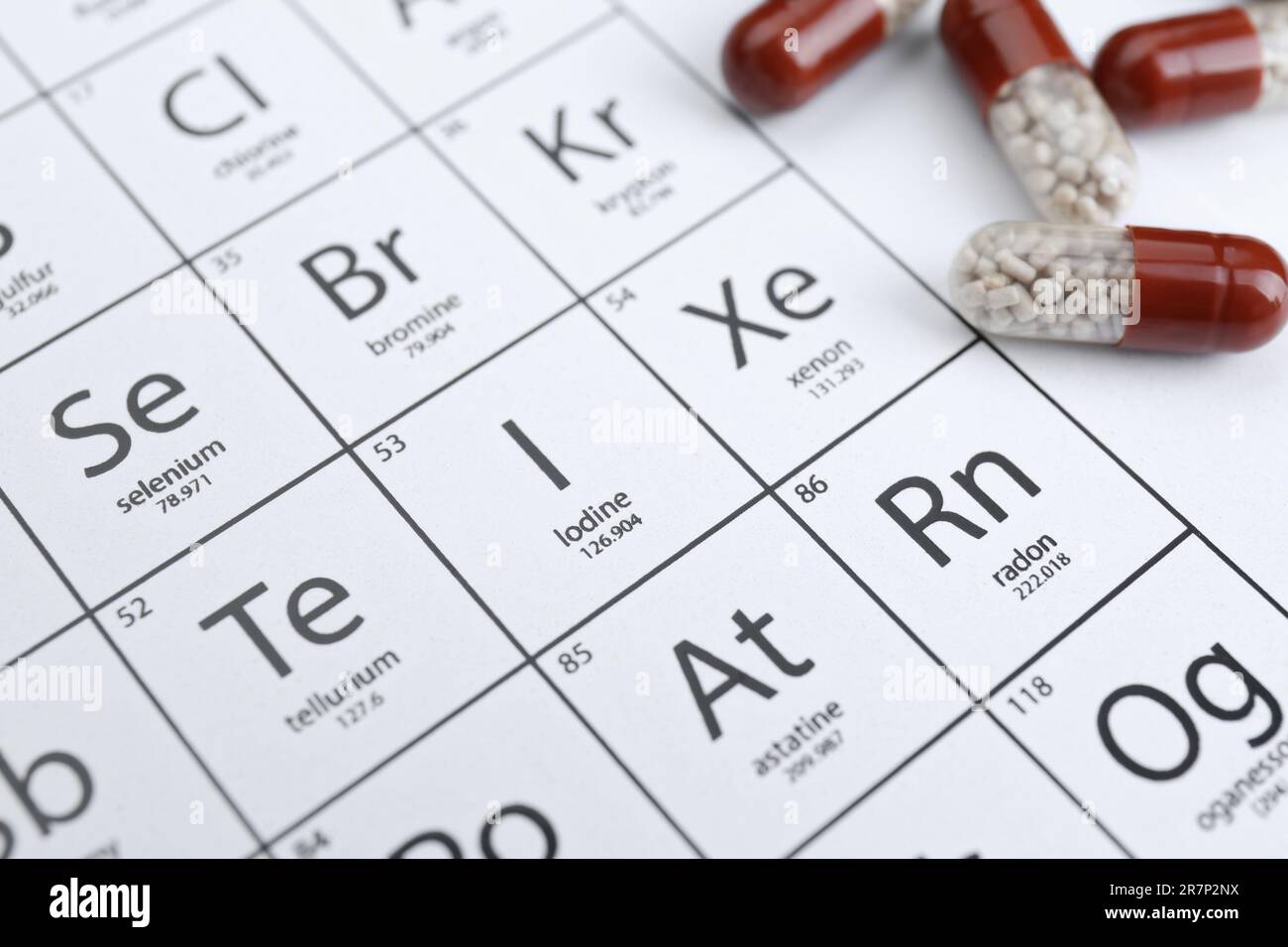 Symbol Iodine and pills on periodic table of elements, closeup Stock ...