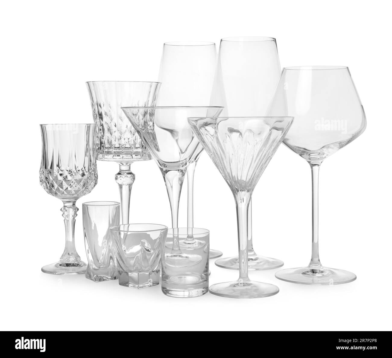 Different elegant empty glasses isolated on white Stock Photo - Alamy