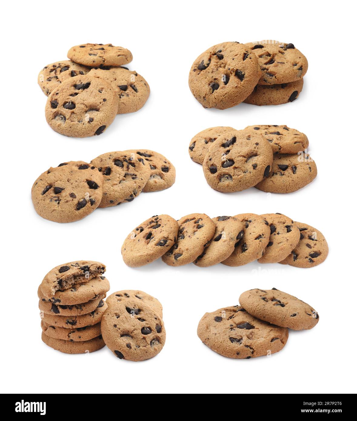 Tasty chocolate chip cookies on white background, collage design Stock ...
