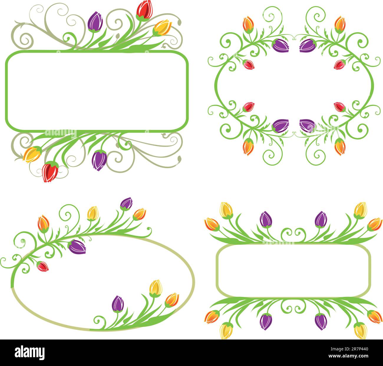 Collection of spring flowers frames, tulips and swirl on white ...