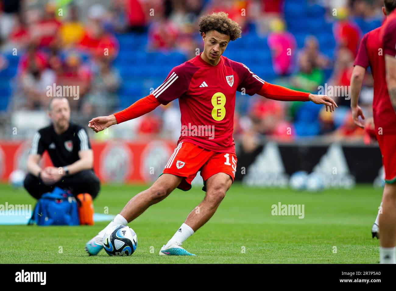 Cardiff, UK. 16th June, 2023. Ethan Ampadu of Wales during the warm up ...