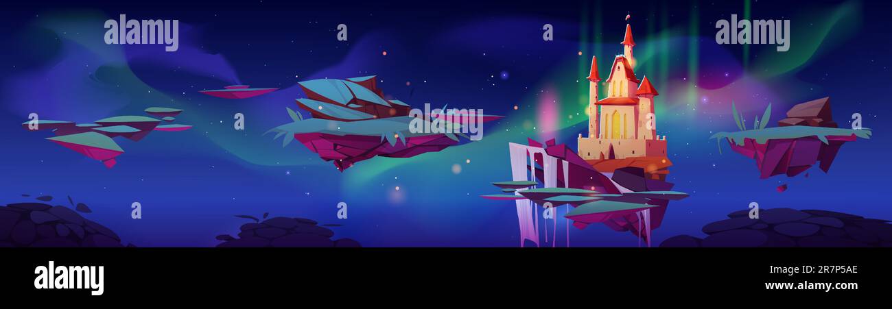 Floating islands with castle, waterfall and aurora sky. Vector cartoon ...