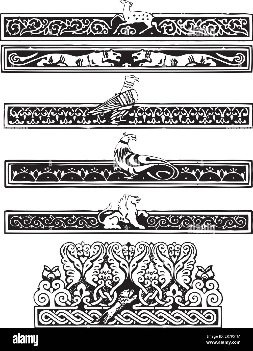 Ornament with birds and animals in the Gothic plot. Vector illustration ...