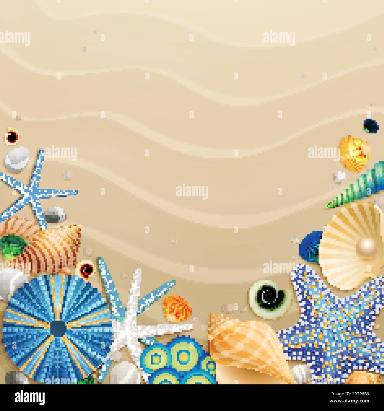 Shells and starfishes on sand background. Vector illustration Stock ...