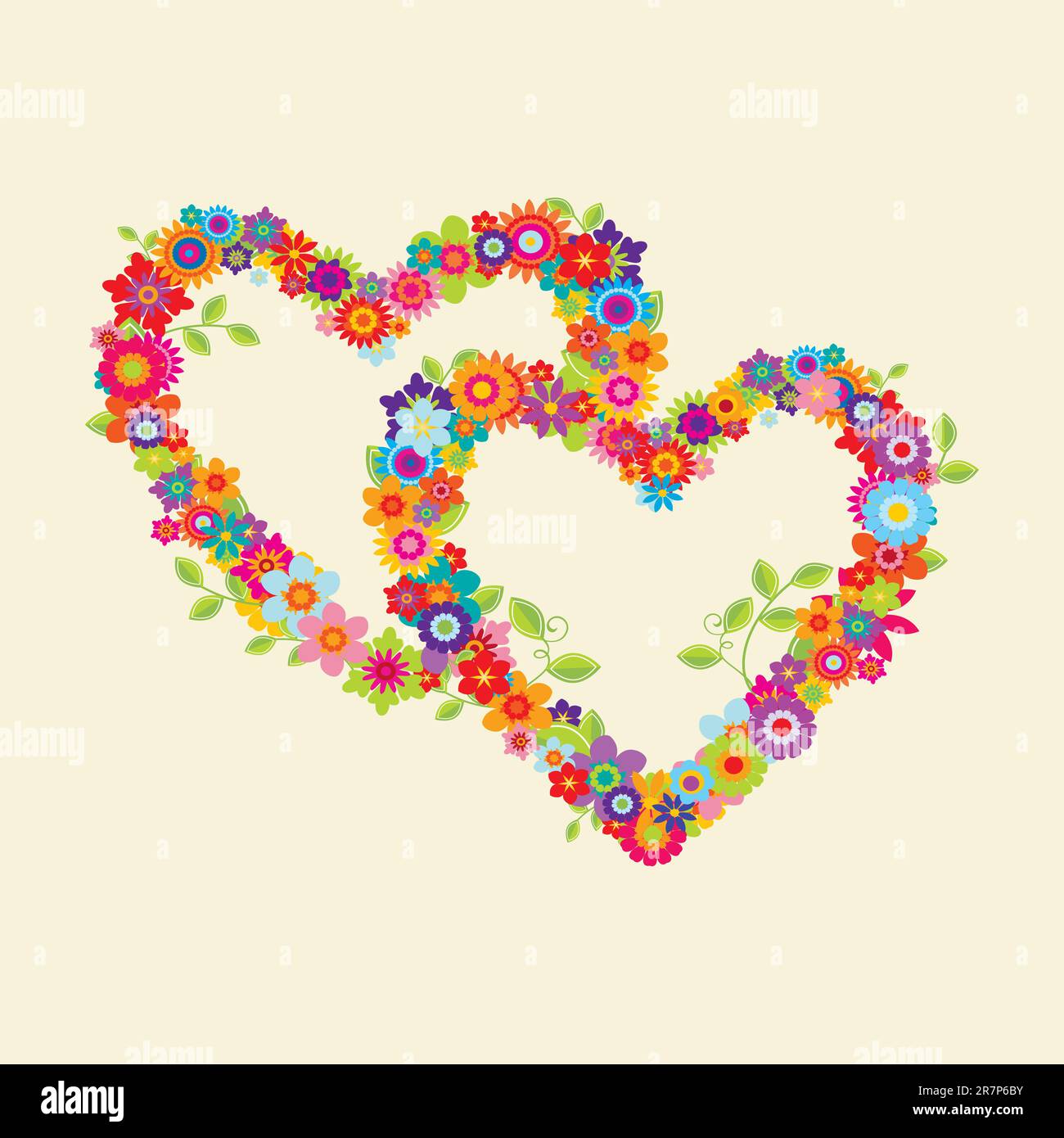 Two hearts joined together with leaves and flowers on a creme (editable ...