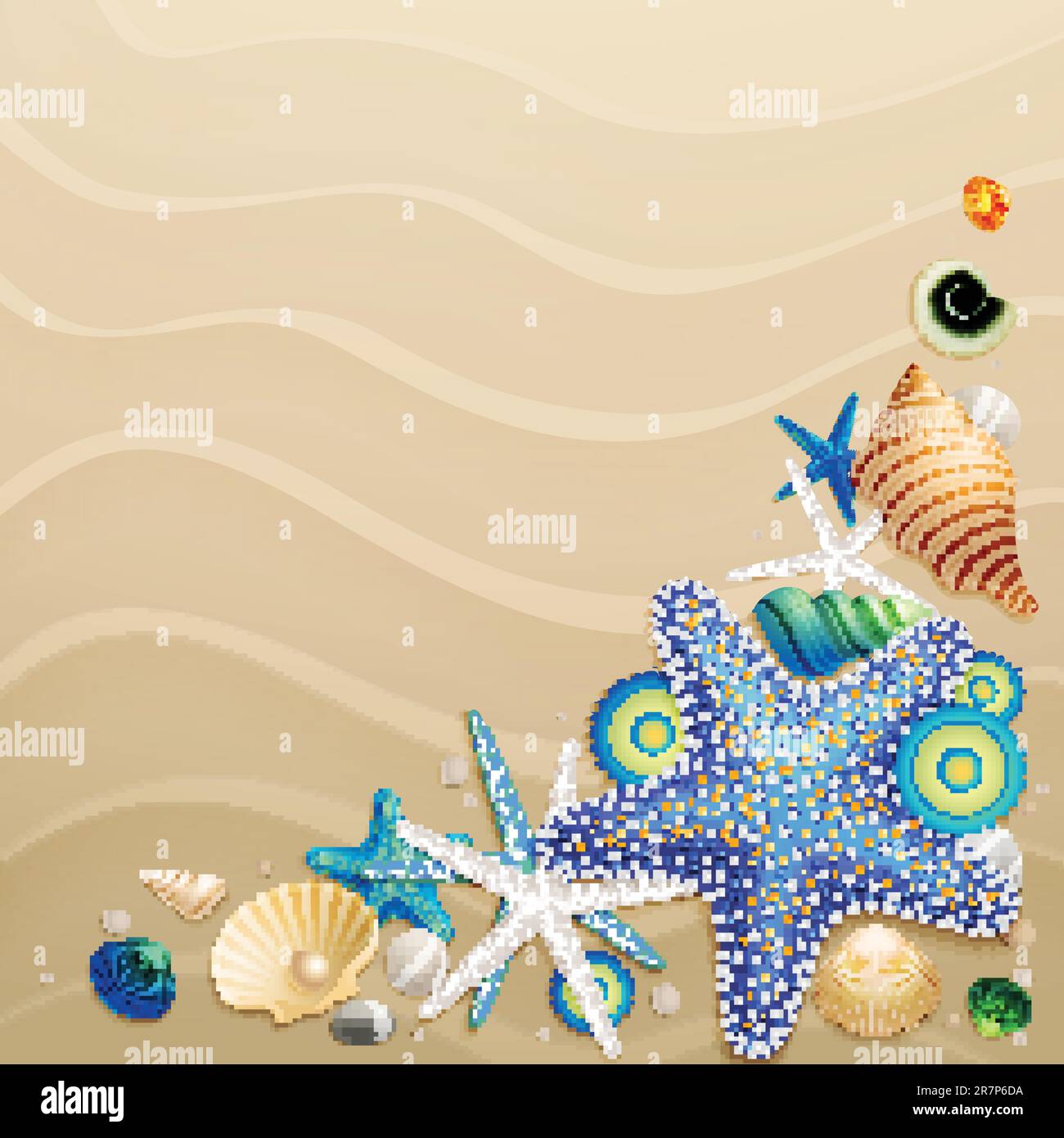 Shells and starfishes on sand background. Vector illustration Stock ...