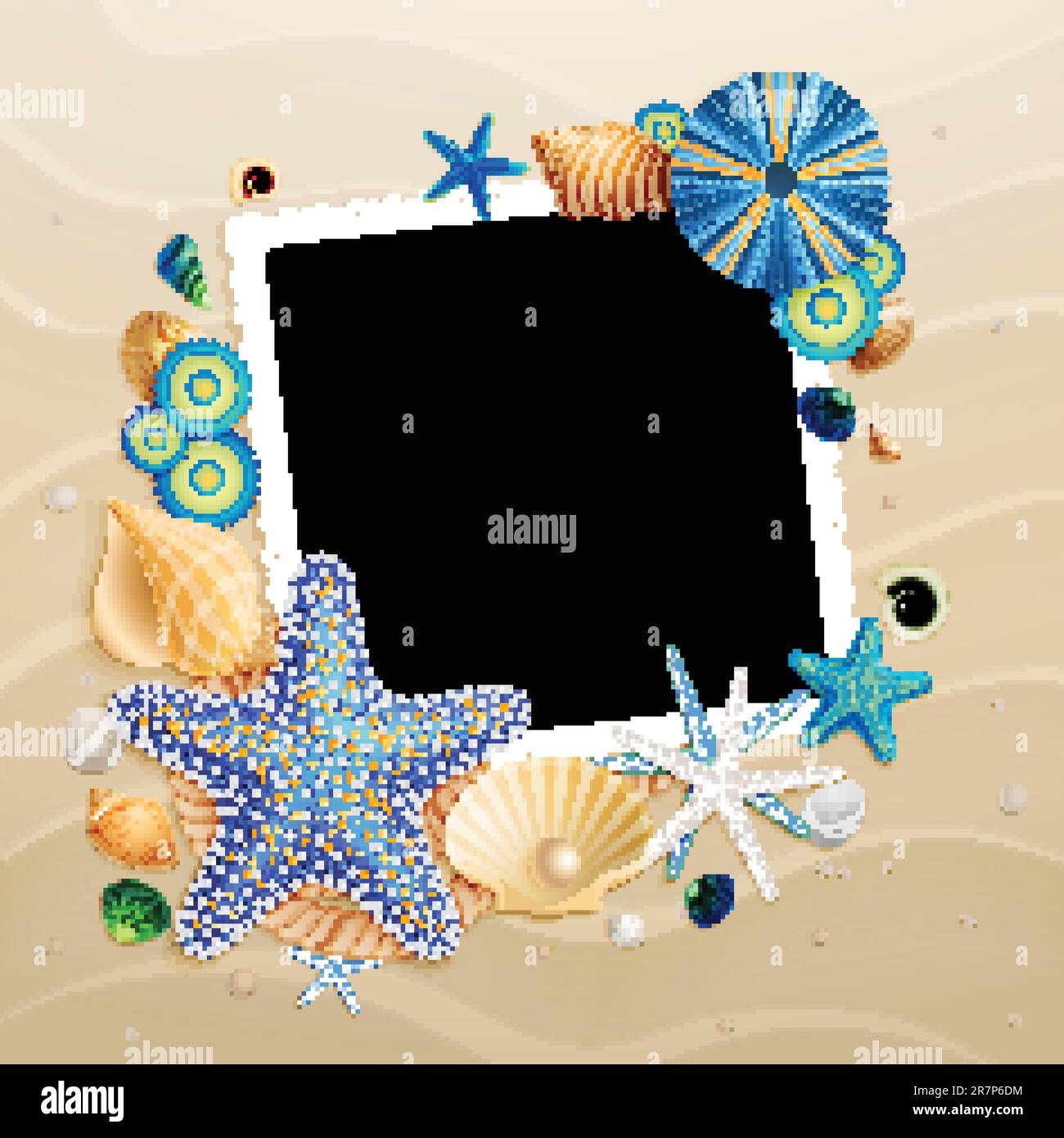 Pictures, shells and starfishes on sand background. Vector illustration ...