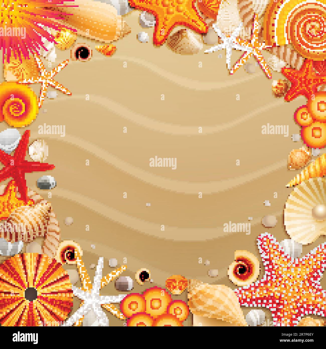 Shells and starfishes on sand background. Vector illustration Stock ...