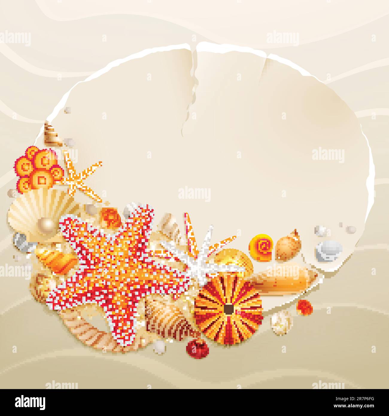 Vintage greeting card with shells and starfishes on sand background ...