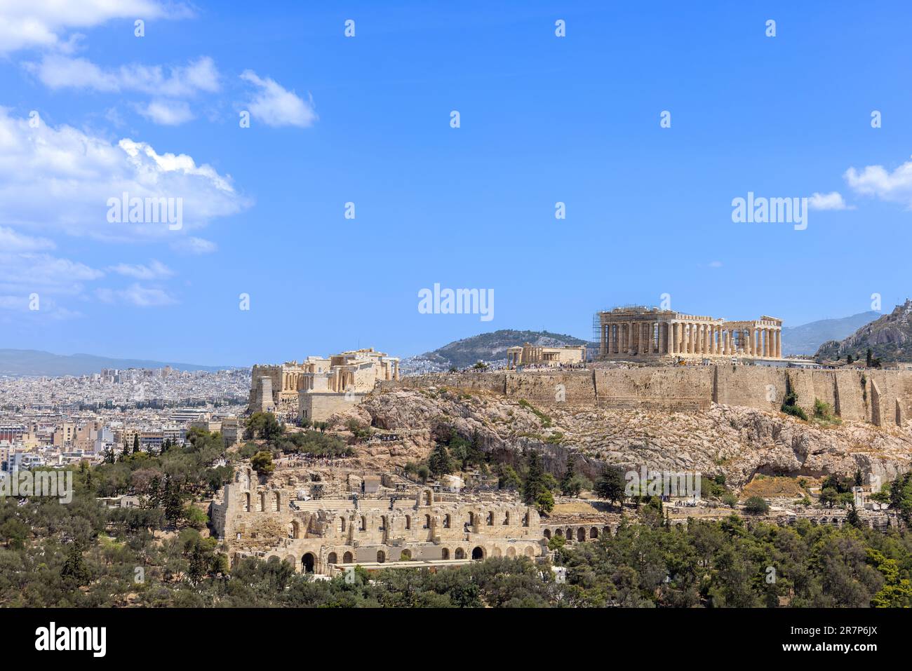 Ancient landmark citadel Acropolis of Athens seen from the Hill of the Muses, Philopappos Hill ...