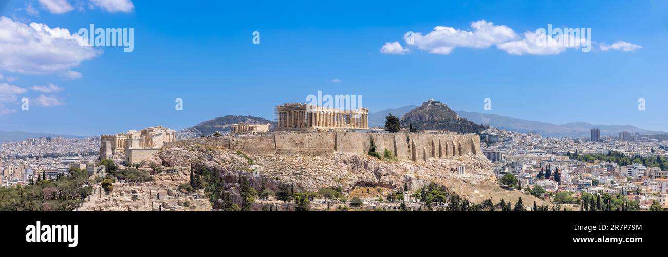 Ancient landmark citadel Acropolis of Athens seen from the Hill of the ...