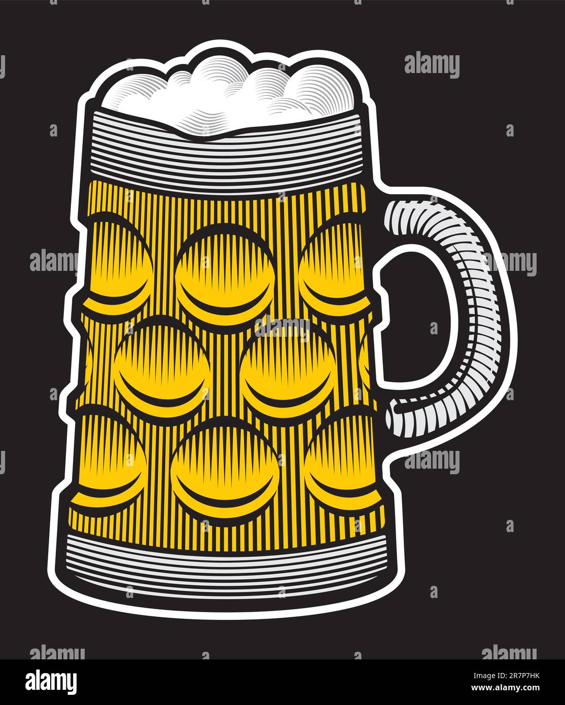 Beer mug illustration with woodcut shading on black background Stock ...