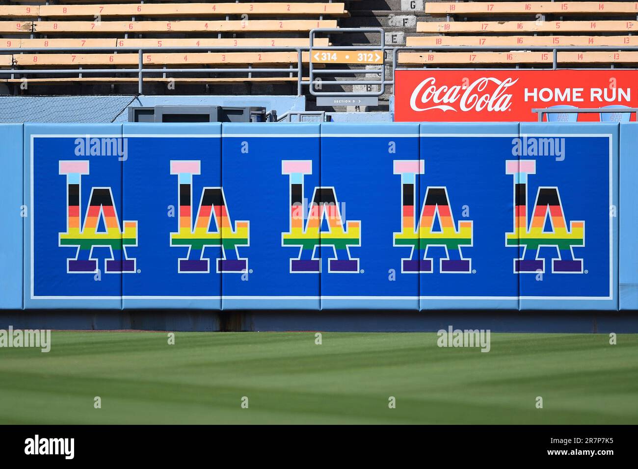 LOS ANGELES, CA - JUNE 16: Los Angeles Dodgers logo on the outfield ...
