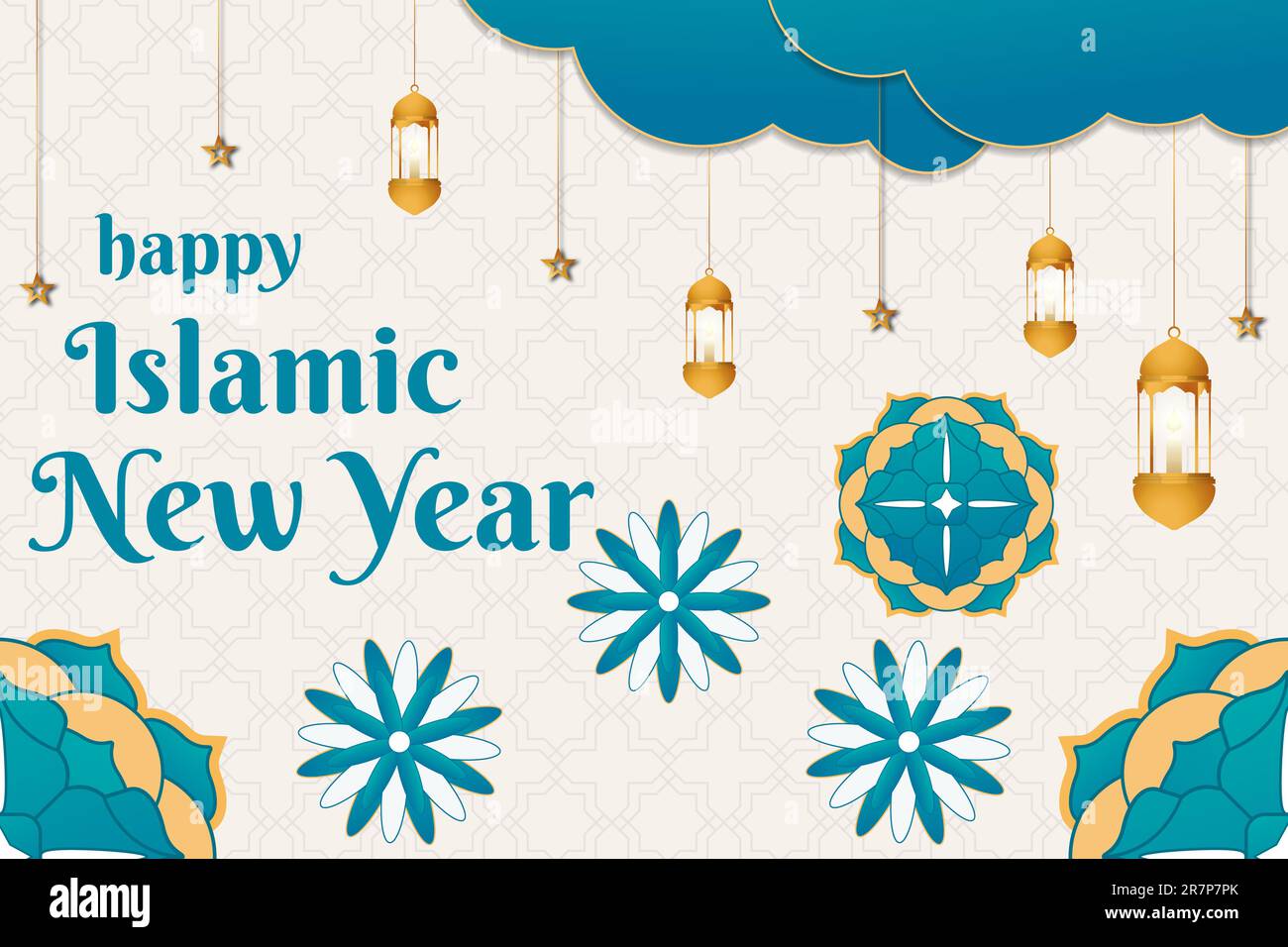 gradient islamic new year horizontal banner with lanterns, stars, and ...