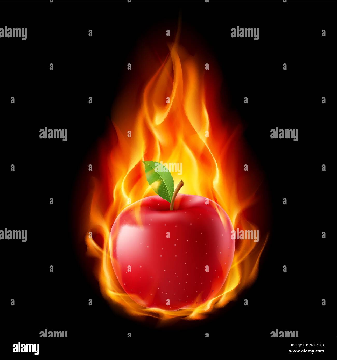 Red apple in the fire. Illustration on black background for design ...