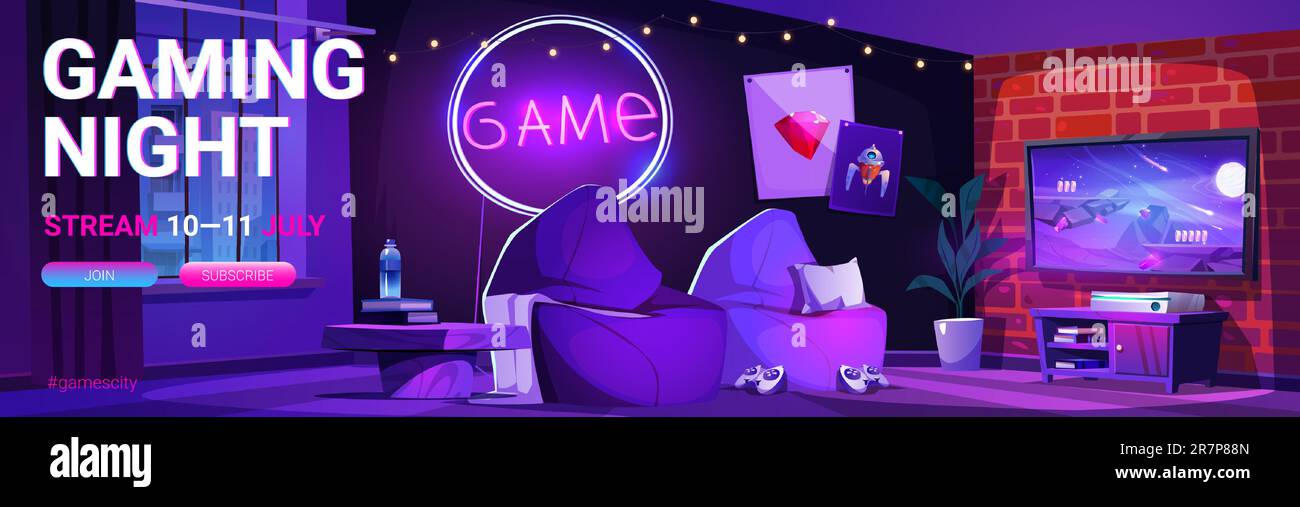 Gamer tournament night cartoon illustration vector. Streamer room ...