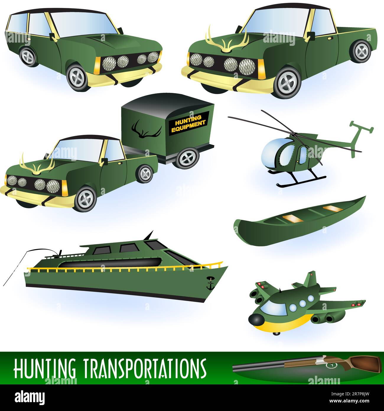 Variety of hunting transportation isolated on white background Stock ...
