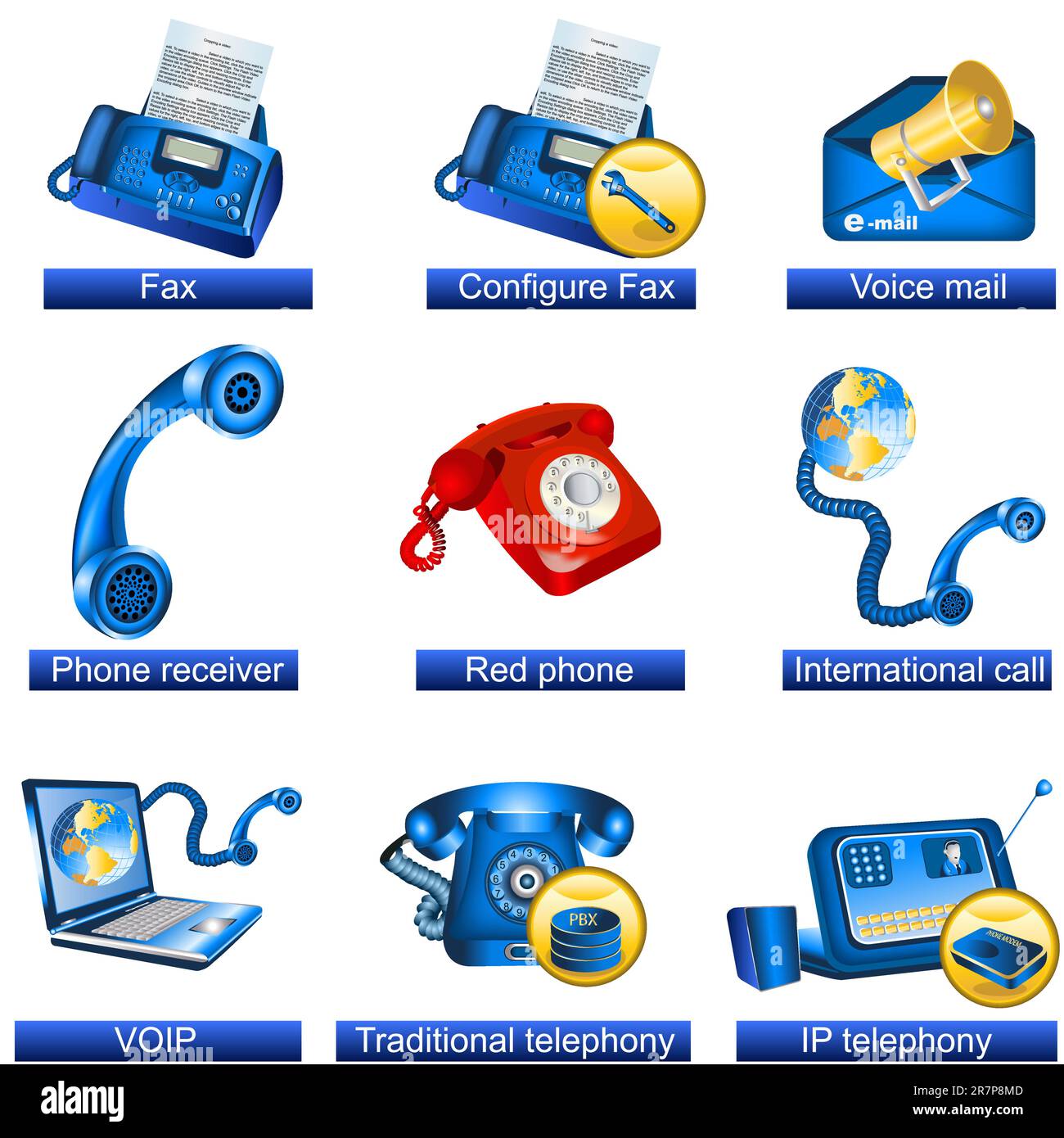 Collection of 9 blue phone icons isolated separately on white ...