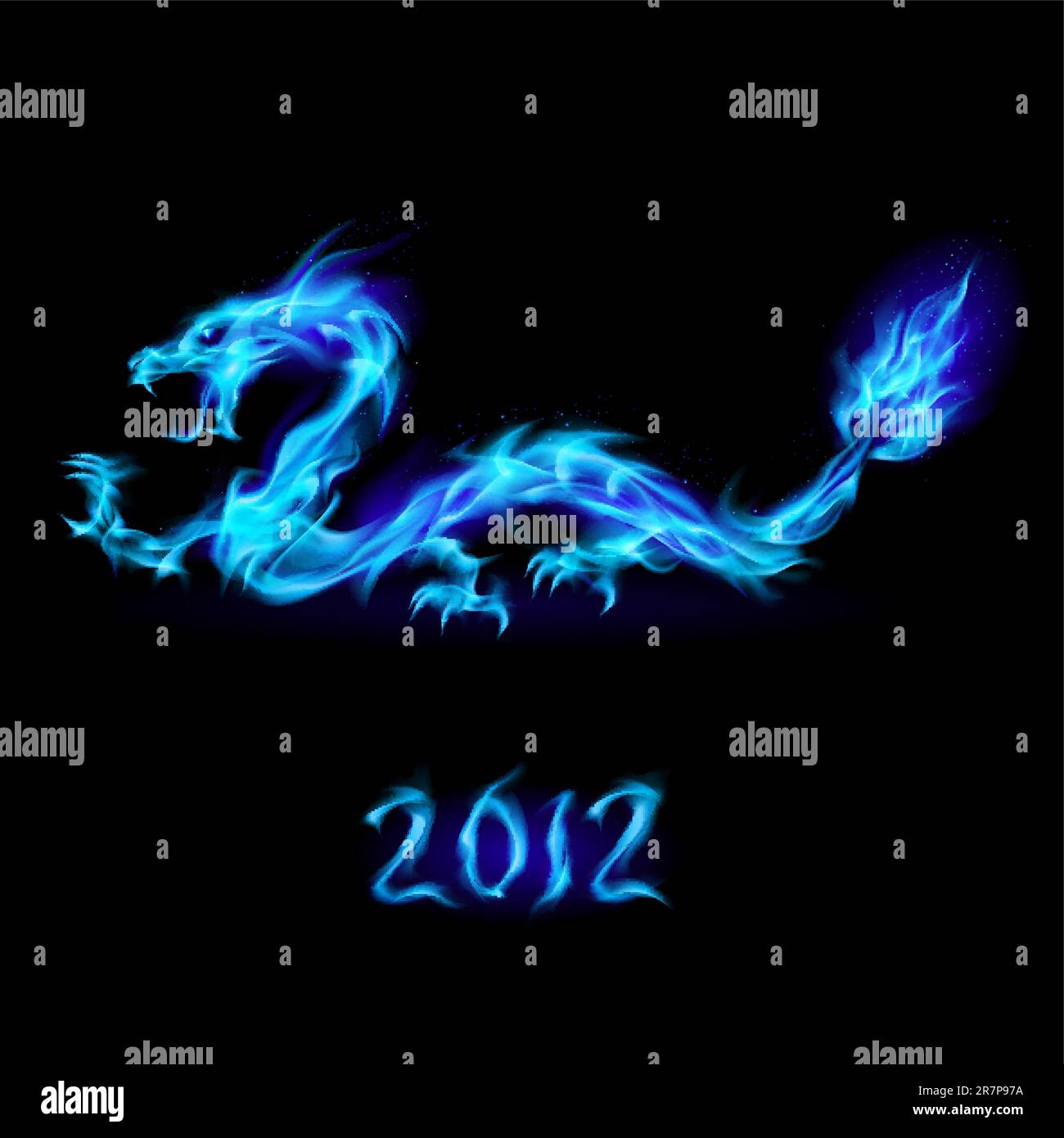 Abstract blue fiery dragon. Illustration on black background for design ...