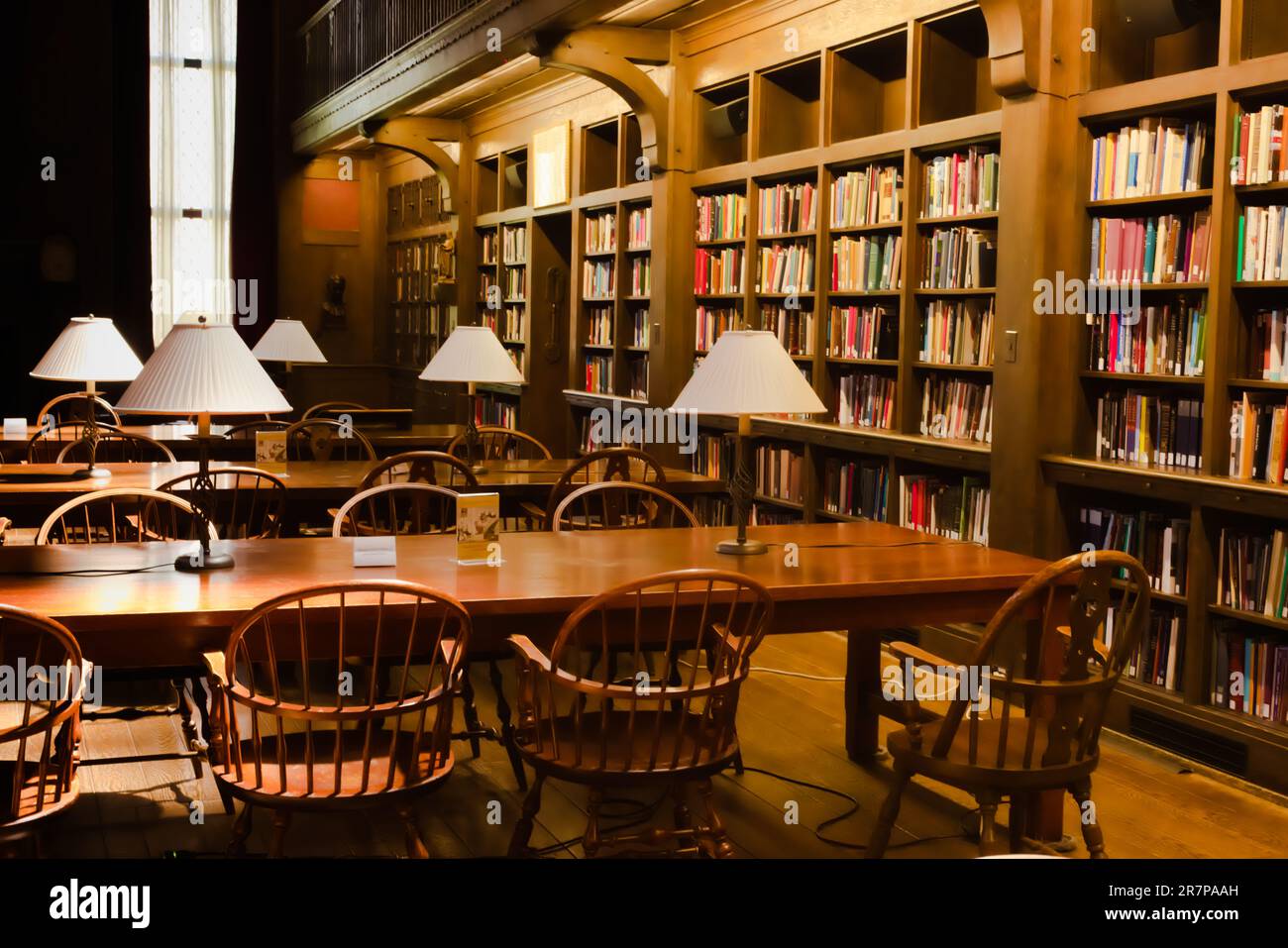 A quiet place to study -- shelves of books, wood desks, muted lighting ...