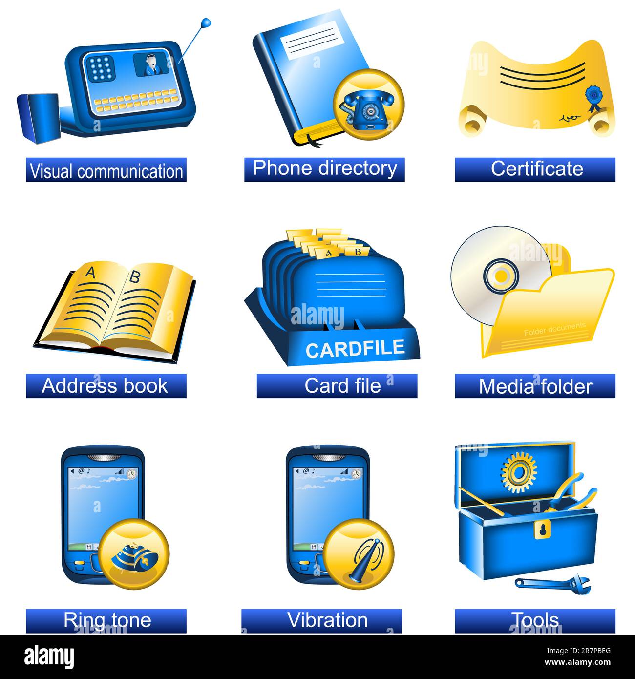 Collection of 9 blue phone icons isolated separately on white ...