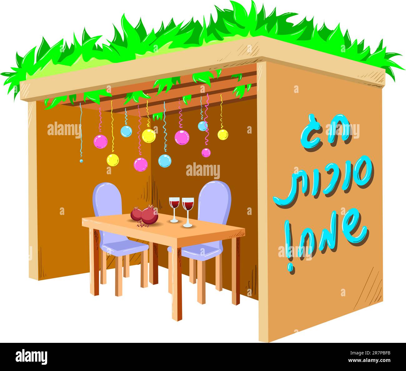 A Vector illustration of a Sukkah decorated with ornaments and a table ...