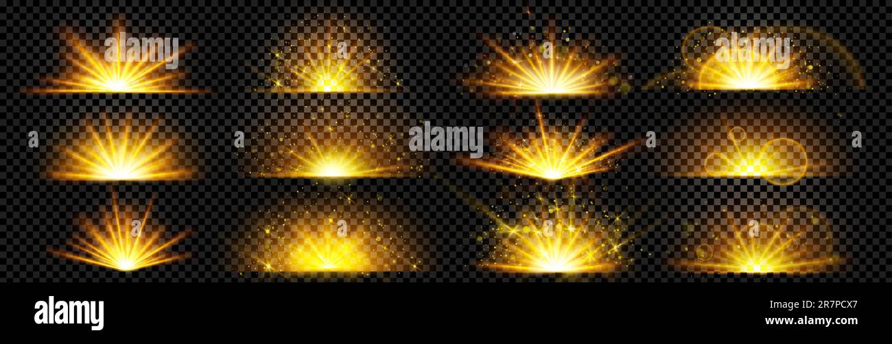Gold explode glow shine and sun light ray burst vector effect set isolated on transparent ...