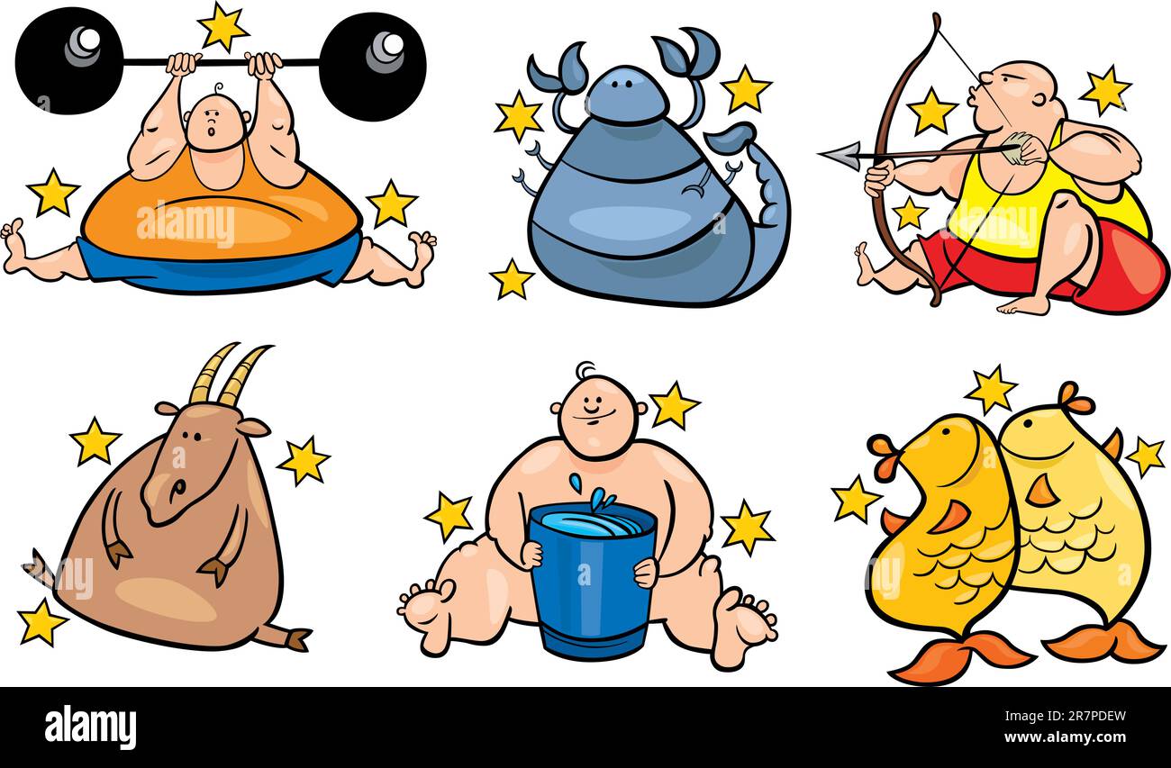 illustration of six overweight zodiac signs from november to march ...