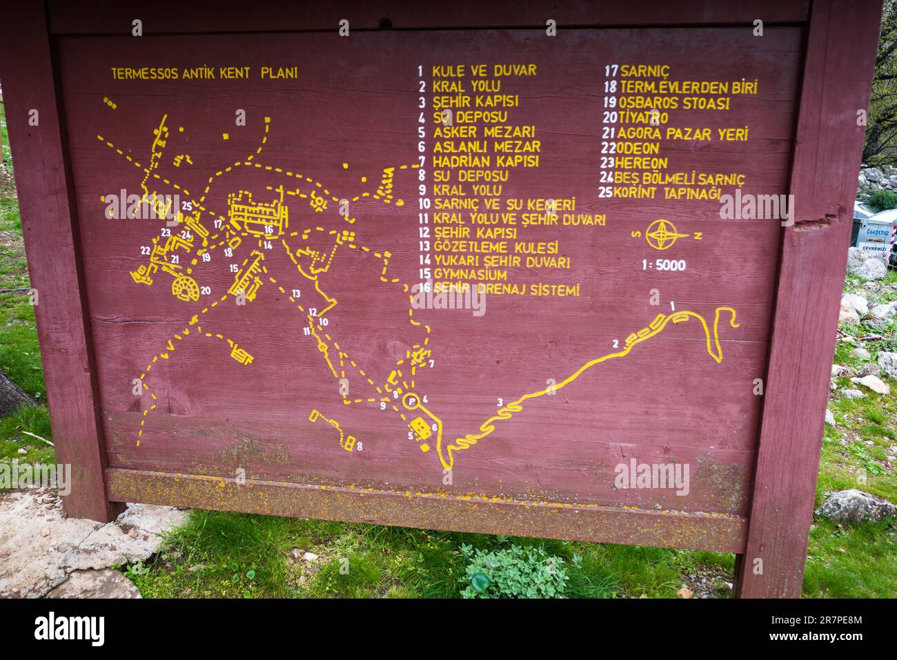sign at the entrance in Termessos. Ruined ancient city in Antalya ...