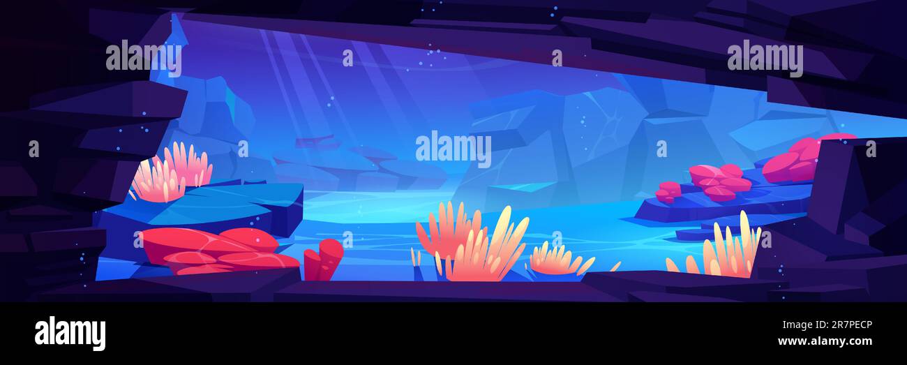 Sea bottom view from inside underwater cave. Vector cartoon ...