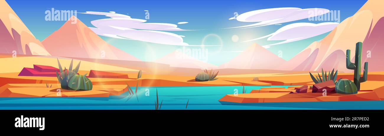 River flowing through Sahara desert. Vector cartoon illustration of hot ...