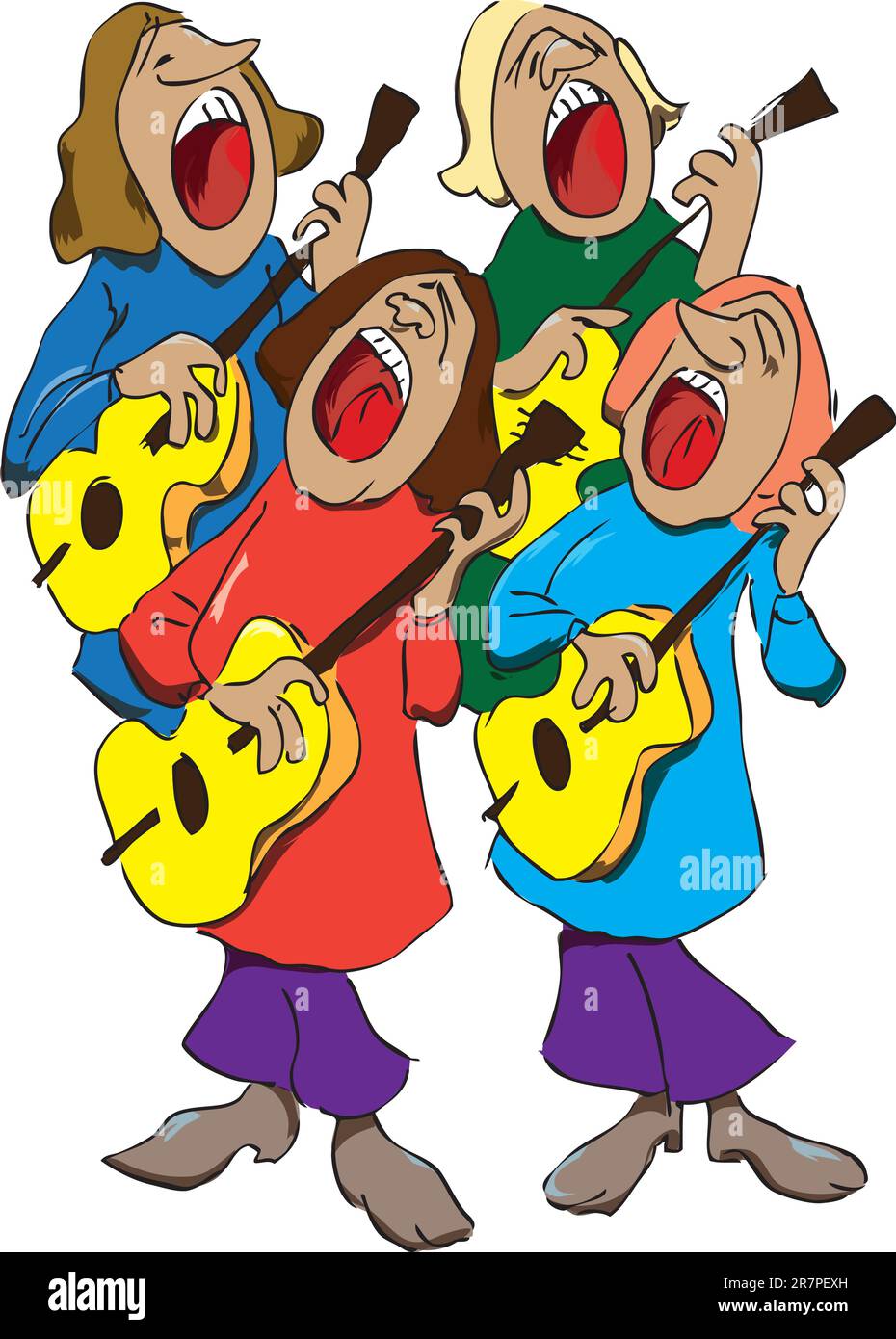 Four singers with guitars organize musical quartet. Vector illustration ...