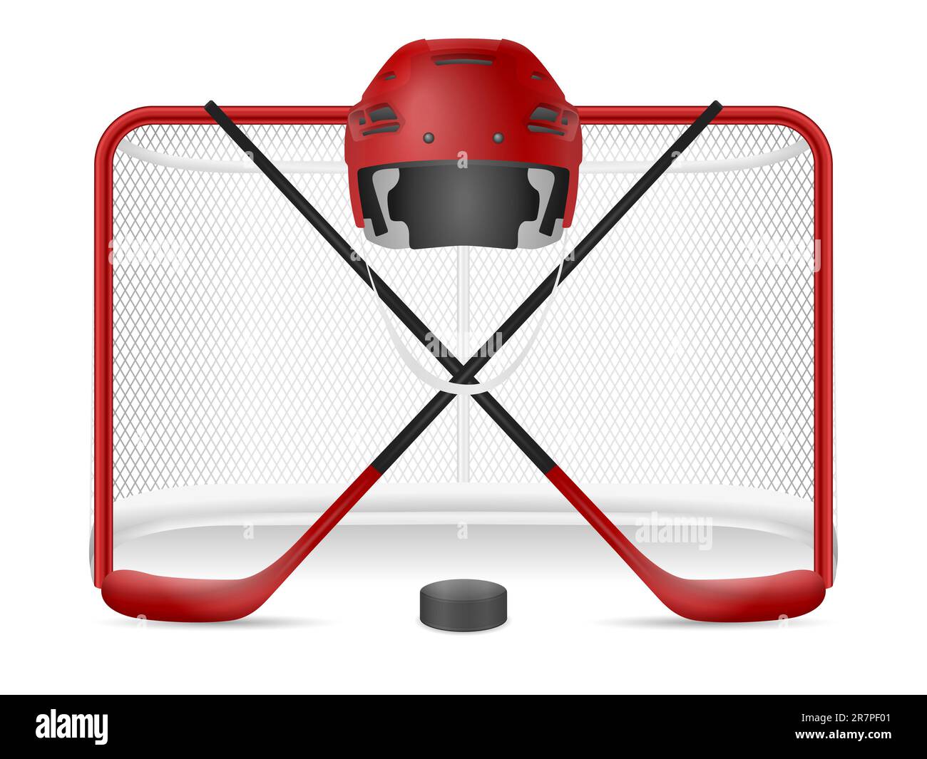 Hockey net, helmet, sticks and puck on a white background. Vector ...