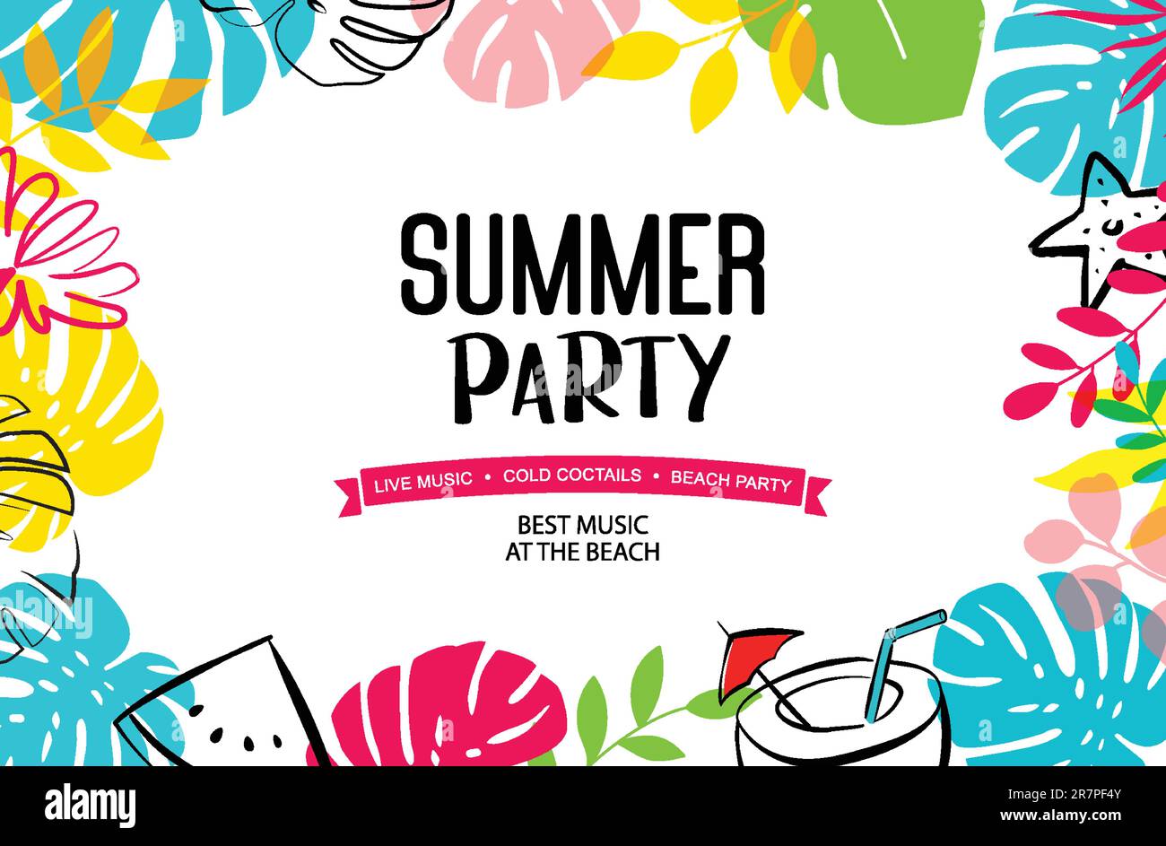Summer party poster with plants and leaf decoration background Stock ...