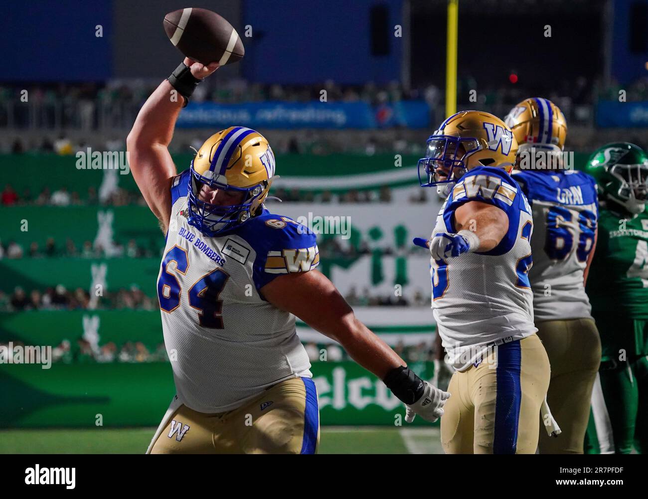 Winnipeg Blue Bombers offensive lineman Liam Dobson (64) celebrates ...