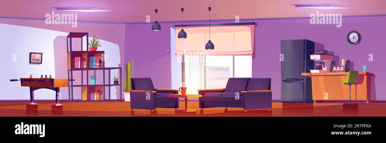 Office kitchen and break room with table, coffee machine, sofa, chair ...
