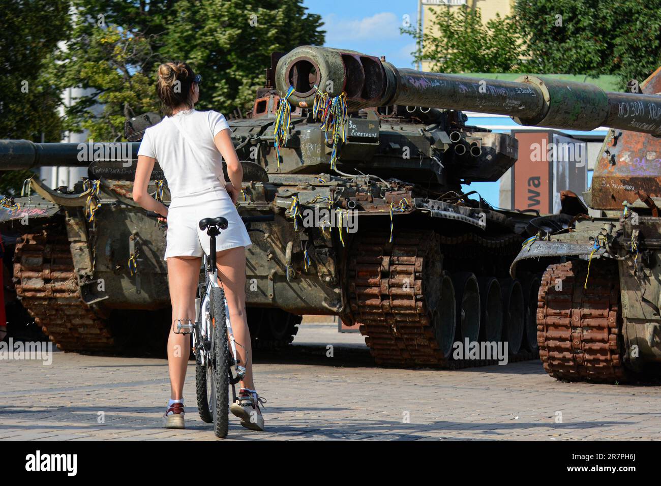 Kyiv, Ukraine. 16th June, 2023. A girl seen looking at a damaged ...