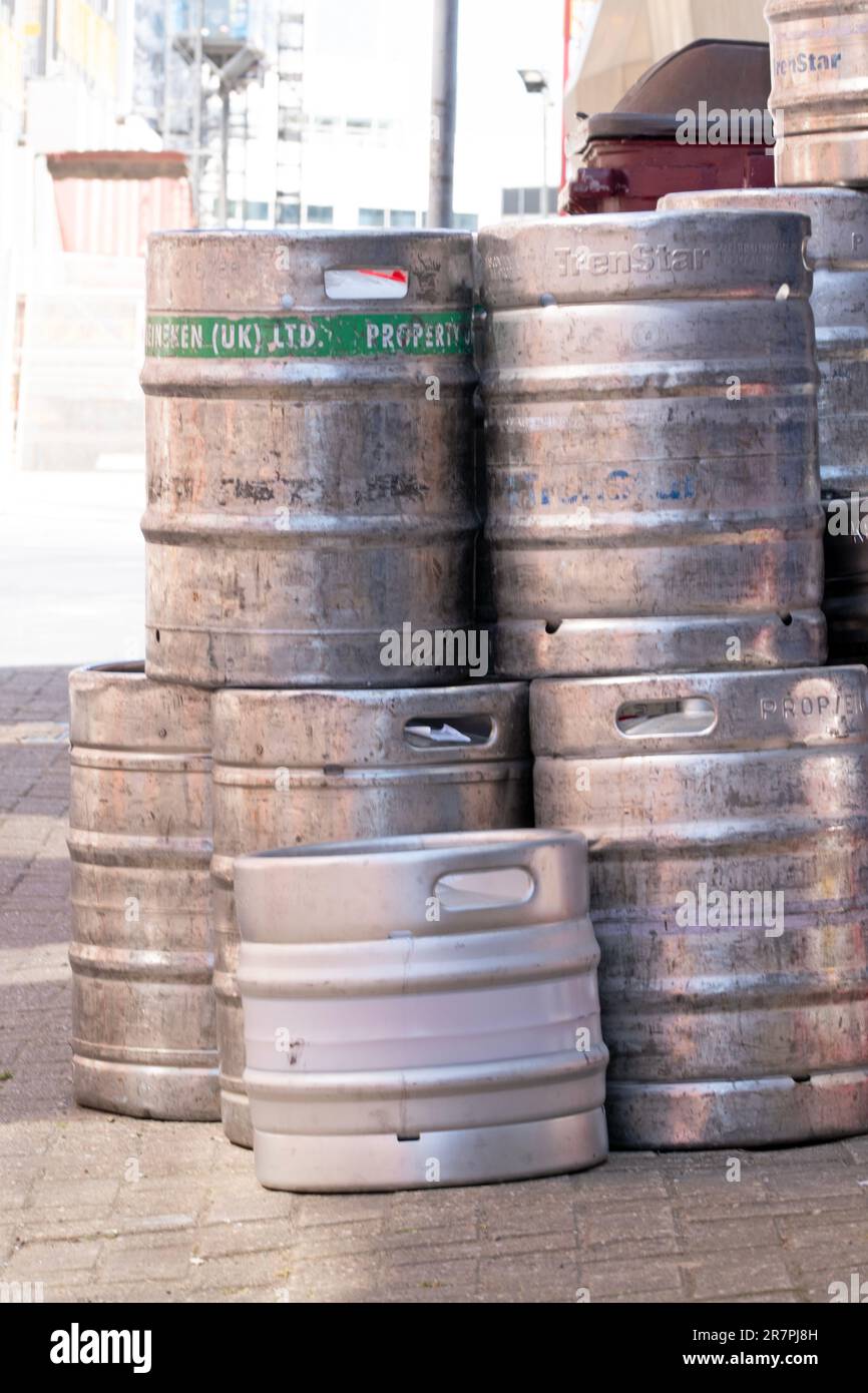 Empty steel beer barrels on pavement awaiting collection Stock Photo ...