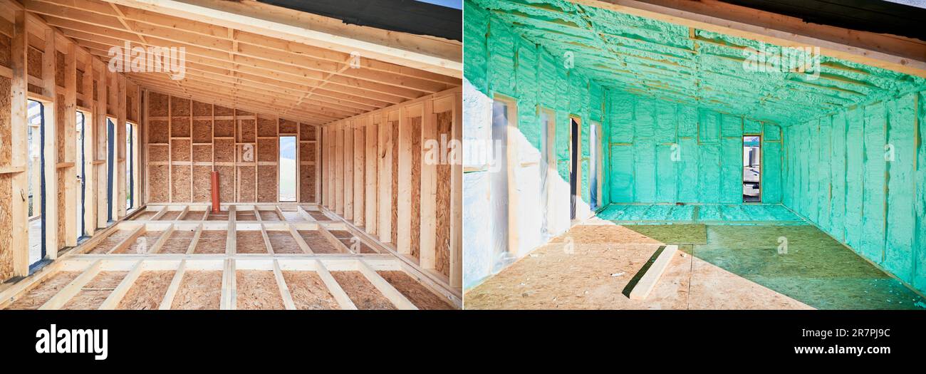 Photo collage before and after thermal insulation room in wooden frame ...