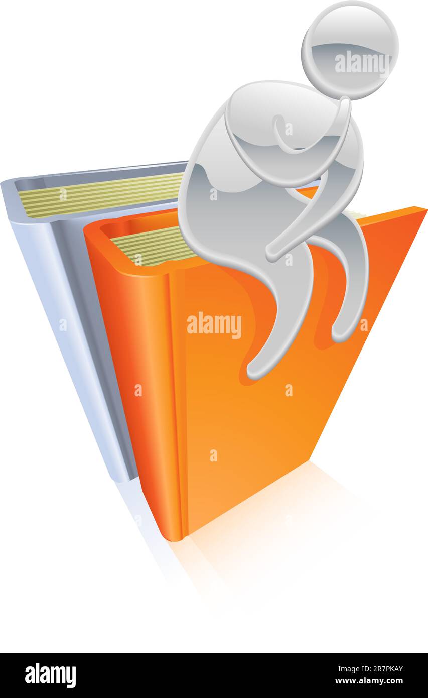 Metallic cartoon mascot character sitting on books thinking concept ...