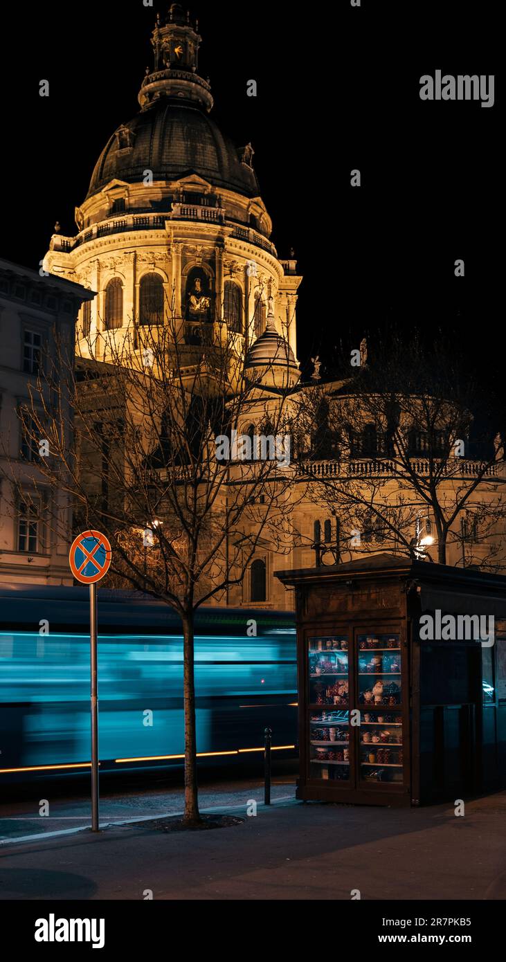 Nighttime illumination of budapests landmarks: Cathedral with long ...