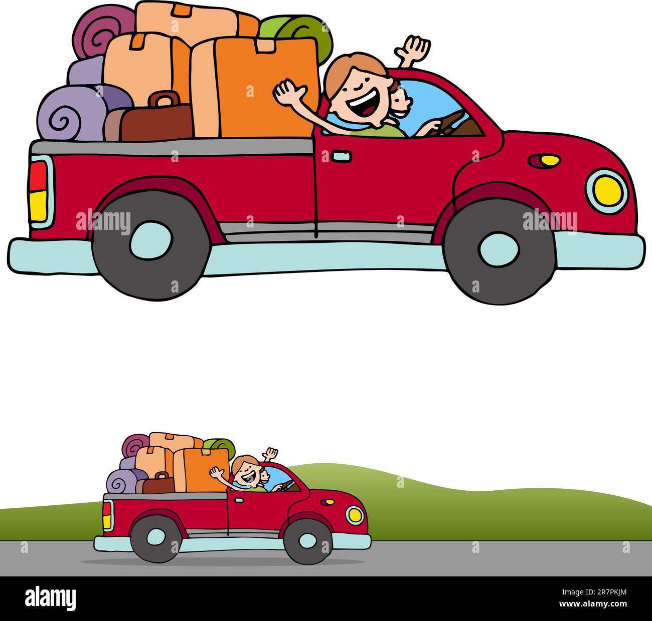 An image of a people riding in a pickup truck with luggage and boxes ...