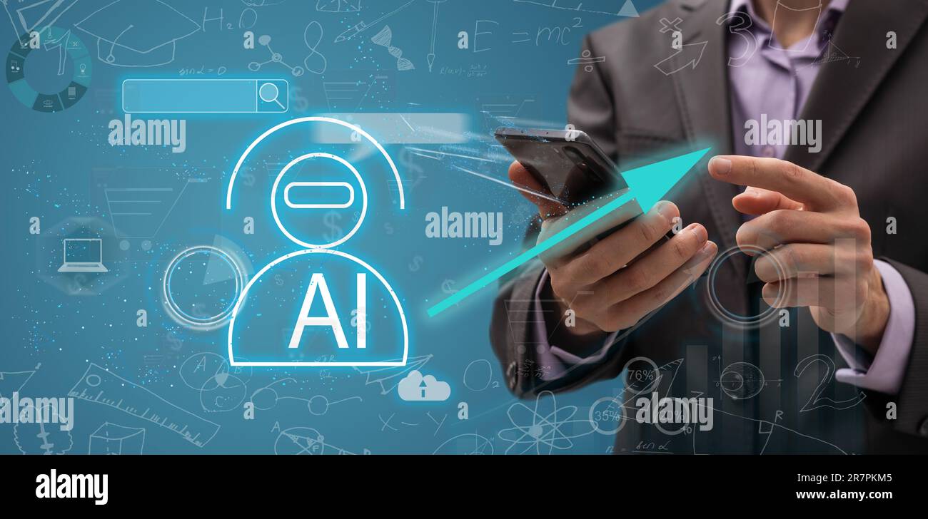 Businessman holding hologram digital chatbot, chat GPT, robot application, conversation ...