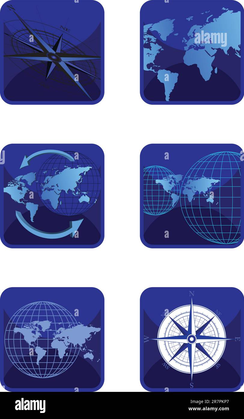 Vector compass and world icons isolated on white background Stock ...