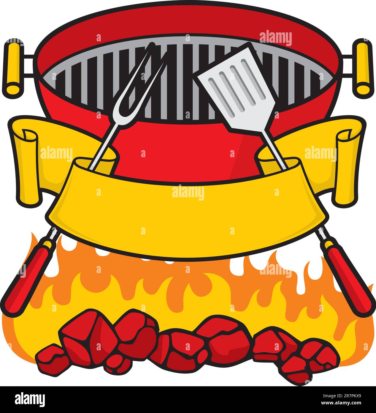 Barbecue grill over flaming charcoal, fork and spatula with scroll ...