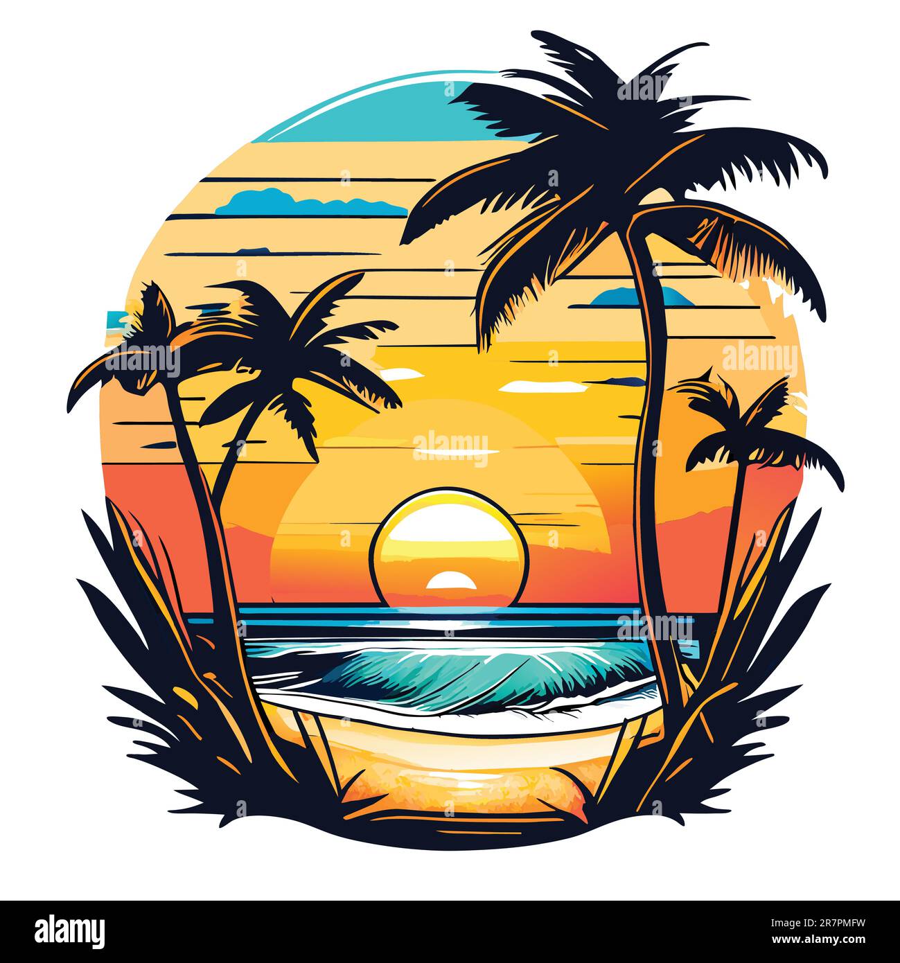 Summer tropical palm tree and beach vintage card background. Summer ...